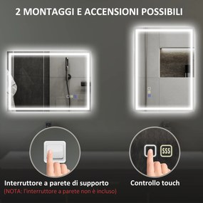 HOMCOM koupelnové zrcadlo s protimlžným LED a Bluetooth reproduktorem, tlačítka na dotyk, 50x70 cm