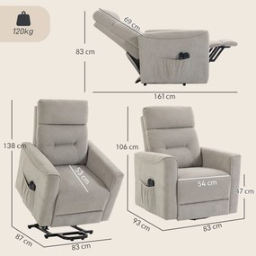 HOMCOM elektrické křeslo s asistencí při vstávání s vibrační masáží a teplem, elektrické relaxační křeslo, nastavitelná opěrka zad, chenille, šedé