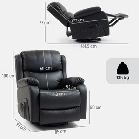 HOMCOM Masážní křeslo, funkce vyhřívání a ležení, umělá kůže, do 150 kg, 97x92x104 cm, černá