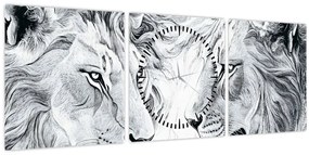 Obraz - Kreslené lví hlavy (s hodinami) (90x30 cm)