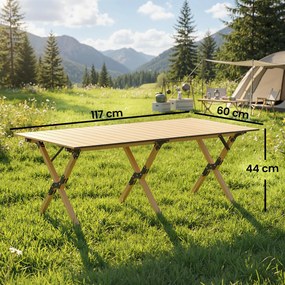 Kempingový stůl 117 x 60 cm Hliníkový skládací stůl s rolovací deskou vzhled dřeva Přepravní taška vodotěsná