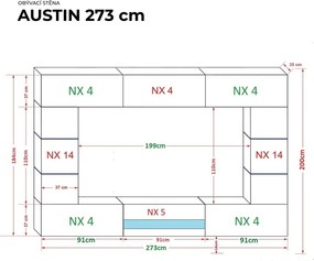 Ral Obývací stěna AUSTIN 3, 273 cm - Bílý lesk