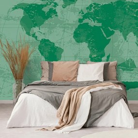 Tapeta rustikální mapa světa v zelené barvě - 225x150 cm