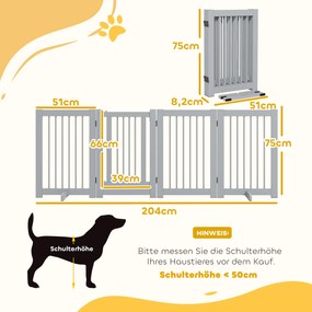 PawHut 4-dílná zábrana pro psy, 204 x 75 cm Skládací bezpečnostní branka s dvířky, volně stojící branka pro psy se 2 podpěrnými nohami, dřevěná brank…