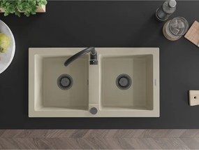 Mexen Mario, granitový dřez 820x436x161 mm, 2-komorový, béžová s černým sifonem, 6504822000-69-B