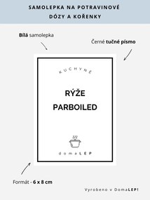 RÝŽE PARBOILED– bílá samolepka na dózu, tučné písmo, 6 x 8 cm | DomaLEP