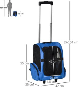 PawHut přepravka pro domácí zvířata 2 v 1 - Kola a batoh s teleskopickou hliníkovou rukojetí a úložnými kapsami 42x25x55 cm Modrá