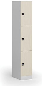 Šatní skříňka S1 s úložnými boxy, 3 boxy, 1850 x 300 x 500 mm, demont, RFID zámek, laminované dveře, bříza