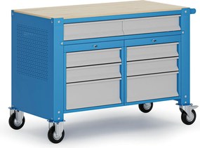 Pojízdný dílenský stůl G9, 8 zásuvek, 1180 x 595 x 865-1130 mm, šedá/modrá