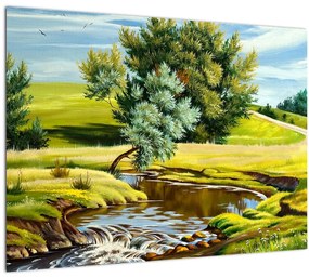 Skleněný obraz - Řeka mezi loukami, olejomalba (70x50 cm)