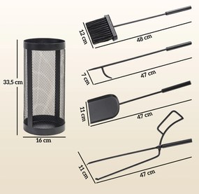 Outsunny Krbové náčiní Outsunny, 5dílná sada krbového náčiní se smetáčkem, lopatkou, kleštěmi, pohrabáčem a košem, krbová sada, kov, černá | Aosom