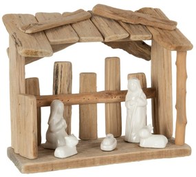 Přírodní dřevěný Betlém s porcelánovými postavičkami - 26*12*22 cm