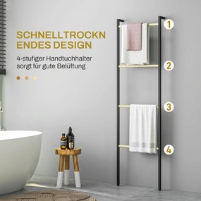 HOMCOM Žebřík na ručníky 49 x 167,5 cm Držák na ručníky se 4 tyčemi šetřící místo na ručníky oblečení deky noviny z oceli Černá | Aosom.de
