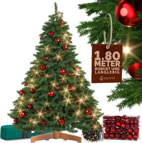 Umělý Vánoční stromek Premium 180cm + koule červená + Světelný řetěz teplá bílá