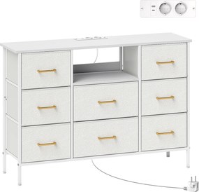 HOMCOM komoda, úložná skříňka s 8 látkovými zásuvkami, lišta s elektrickými zásuvkami, ocelový rám, zásuvková skříň do předsíně, ložnice, obývacího p…