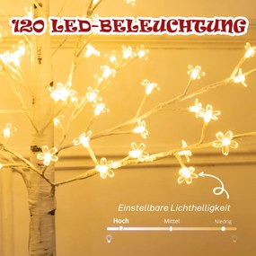 HOMCOM Umělý strom, umělý sakurovník, s 120 LED, 3 úrovně jasu, teplá bílá, realistická kůra, 21 x 150 cm