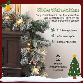 HOMCOM Vánoční girlanda s 216 větvičkami posypanými sněhem, 50 LED světýlek, Ø25x180 cm, zelená & bílá