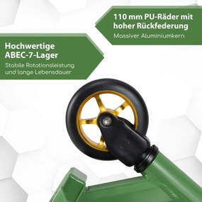 Costway Kaskadérský skútr s 360° řízením a PU koly a hliníkovou palubou – zelený