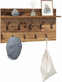 věšák, nástěnný, 1 prkno, háčky, kompozitní dřevo, 40x80x12 cm, staré dřevo, Dekorino TK20260018