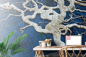 Tapeta abstraktní strom na dřevě s modrým kontrastem - 225x150 cm