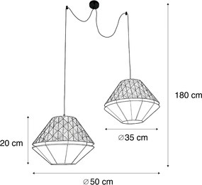 Závěsné svítidlo černé s dvojitým sametovým stínidlem s motivem listů a béžové barvy 2-světla - Cava Luxe