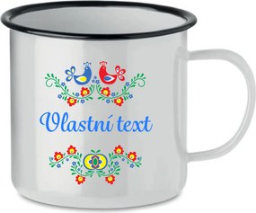 Personalizovaný bílý retro plecháček s folklórním vzorem