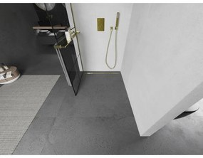 Mexen Kioto+ L, sprchová zástěna Walk-In s poličkou a věšákem 90 x 200 cm, 8mm čiré sklo černý vzor, ​​zlatý lesklý profil, 800-090-123-50-77