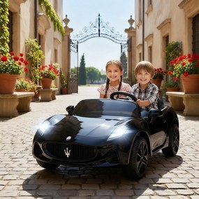 AIYAPLAY Dětské elektroauto Maserati, dvoumístné, 12V napájení z baterie, dálkové ovládání, LED světla, hudební funkce, černé