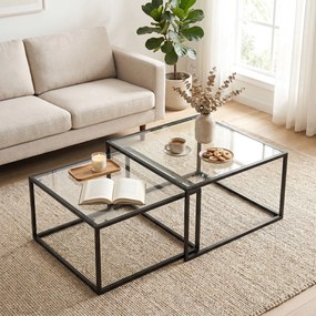 HOMCOM 2dílné čtvercové skládané konferenční stolky s tvrzeným sklem a kovovým rámem, černé — velký 75 x 42 cm; malý 65 x 36 cm
