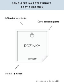 ROZINKY – průhledná samolepka na dózu, základní písmo, 5 x 5 cm | DomaLEP