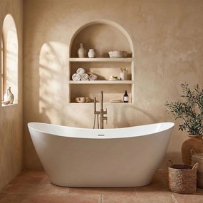 Rea FERRANO Slim, volně stojící vana 1600×800×720 mm, bílá, zlatá matná krytka odtoku, KPL-W7081