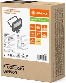 LED reflektor s pohybovým čidlem LEDVANCE FLOODLIGHT černý SENSOR 8W/6W 1100/780lm 3000K teplá bílá IP65