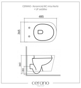 CERANO - Závěsná WC mísa Norbi, Rimless + UF sedátko - bílá lesklá - 36,5x48,5 cm