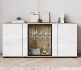 Komoda s vitrínou a LED osvětlením Caro dub wotan/bílý lesk