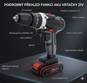 Aku vrtačka s příklepem 21V + 2 baterie v kufříku
