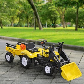 HOMCOM Šlapací traktor s přívěsem, šlapací vozidlo s lopatou, dětské vozidlo traktor pro děti od 3 let, žlutý