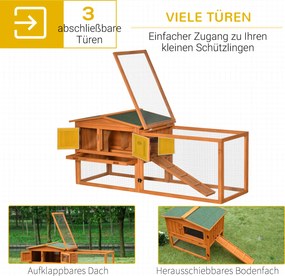 PawHut bouda pro malá zvířata z jedlového dřeva 156x58x68cm s asfaltovou střechou, venkovní domek pro malá zvířata, podlahová vanička a rampa, oranžo…