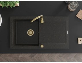 Mexen Leo, dřez granitový 900x500x190 mm, 1-komorový, černá-zlatá metalíza se zlatým sifonem, 6501901010-75-G