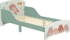 Dětská postel ZONEKIZ dřevěná 143x77x60 cm pro děti 3-6 let s ochrannými zábranami a potiskem, max. nosnost 40 kg, moderní zelený nábytek do dětského