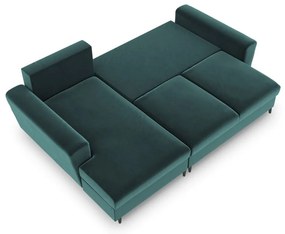 Sametová rozkládací/s úložným prostorem rohová pohovka v petrolejové barvě (levý roh/s lenoškou) Kyoto – Cosmopolitan Design