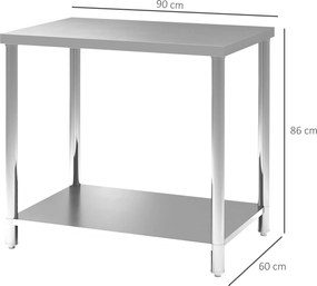 HOMCOM Pracovní stůl z nerezové oceli - Přípravný stůl do kuchyně se 2 policemi, Pracovní stůl do garáže, na zahradu, 90 x 60 x 86 cm, Stříbrný | Aoso