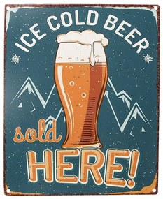 Modrá antik nástěnná kovová cedule Ice Cold Beer, Sold Here - 20*1*25 cm