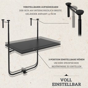 Balkonový stolek Outsunny pro zavěšení Skládací závěsný stolek 3-násobně výškově nastavitelný do 15 kg 62x60 cm černý pro balkon a terasu | Aosom.de