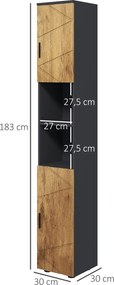 kleankin Skříň na koupelnové úložné prostory se 2 dveřmi, nastavitelnou policí a 2 přihrádkami, 30 x 183 cm, tmavý dub