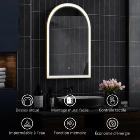 HOMCOM Koupelnové zrcadlo 90 x 60 cm, zakřivené nástěnné zrcadlo, zrcadlo do koupelny s LED osvětlením, nastavitelné osvětlení ve 3 barvách, proti zam