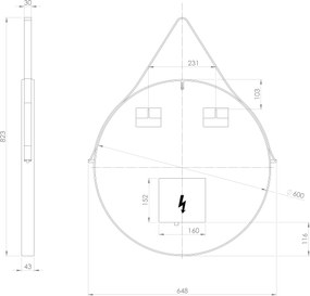Sapho Sapho, ORBITER LED podsvícené kulaté zrcadlo s koženým popruhem, o 60cm, černá mat