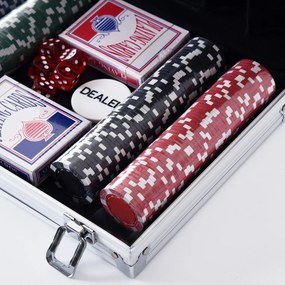 Pokerový kufřík HOMCOM s 200 žetony, 2 balíčky karet a 5 kostkami v hliníkovém kufříku, 29,5x20,5x6,5 cm, ideální pro herní večery