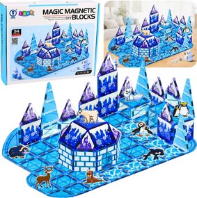 LEAN Toys Magnetické kostky – Ledová krajina – figurky zvířat – modré – 94 ks