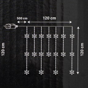 Světelný venkovní závěs Snowflakes, 120x120cm, LED, studená bílá, časovač, 8 funkcí, na baterie, 120 cm