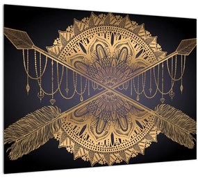 Skleněný obraz - Zlatá mandala s šípy (70x50 cm)